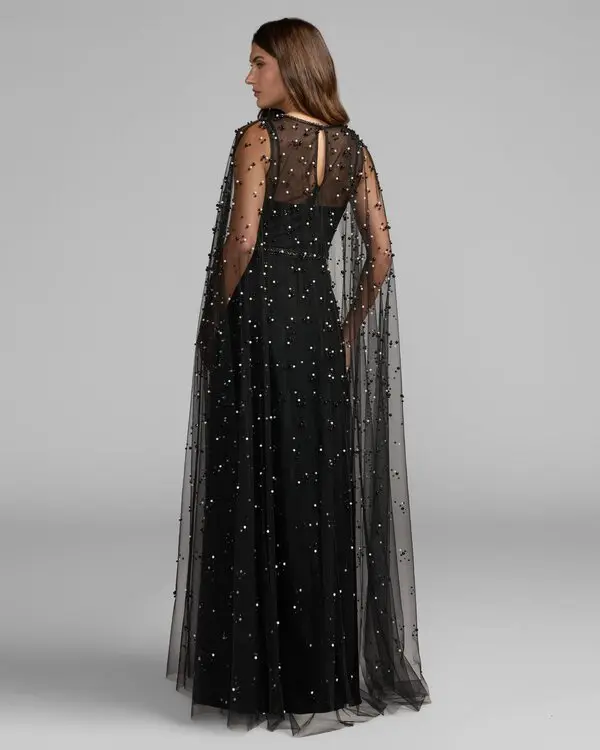 Mac Duggal Petite Black Pearl Embellished Cape Sleeve Gown