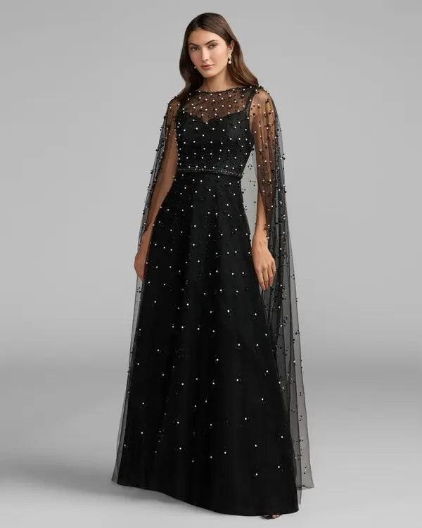 Mac Duggal Petite Ivory Pearl Embellished Cape Sleeve Gown - Black