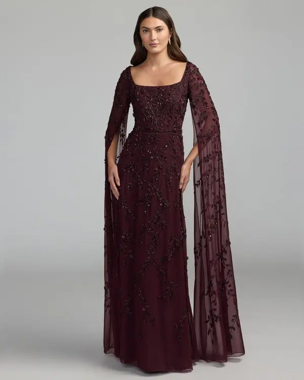 Mac Duggal Aubergine Floral Embellished Cape Sleeve Gown