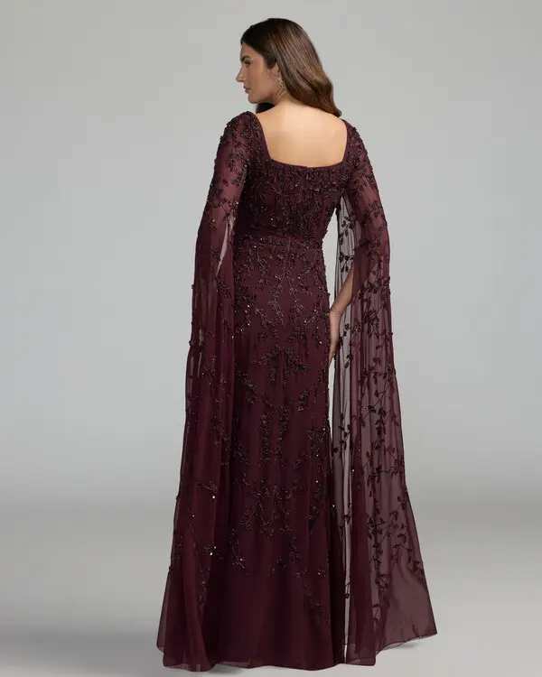Mac Duggal Aubergine Floral Embellished Cape Sleeve Gown