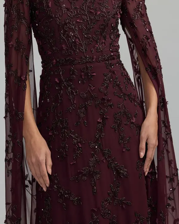 Mac Duggal Aubergine Floral Embellished Cape Sleeve Gown