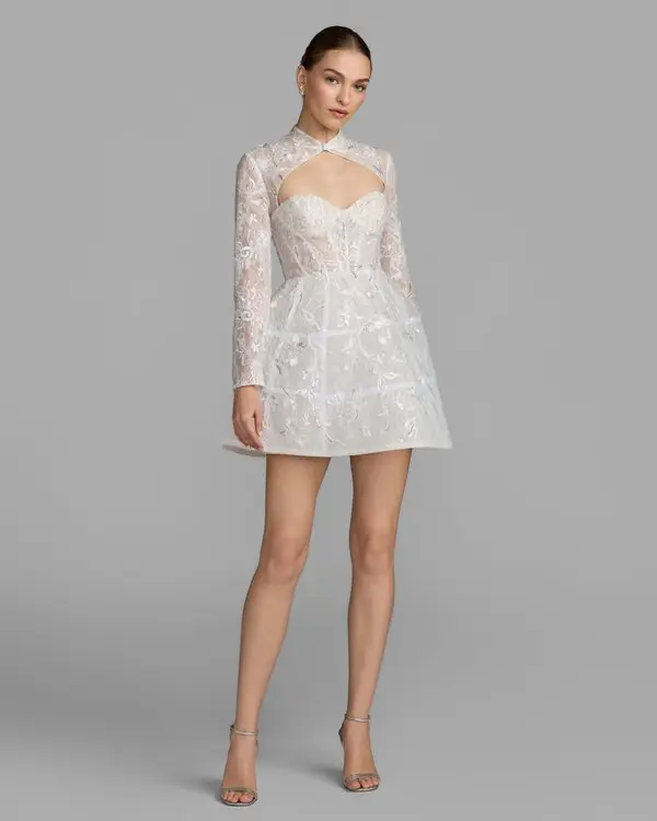 Mac Duggal White Long Sleeve Lace A-line Mini Dress