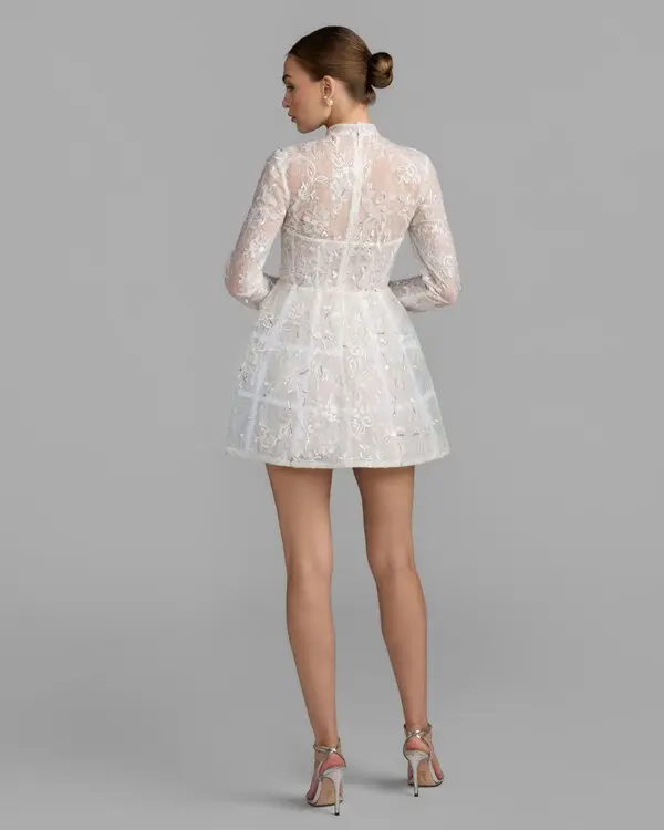 Mac Duggal White Long Sleeve Lace A-line Mini Dress