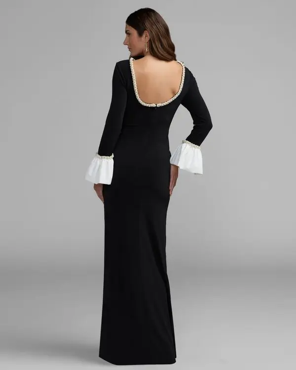 Mac Duggal Black Pearl Trim Long Sleeve Gown
