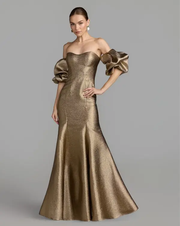 Mac Duggal Brocade Off The Shoulder Puff Sleeve Gown - Gold