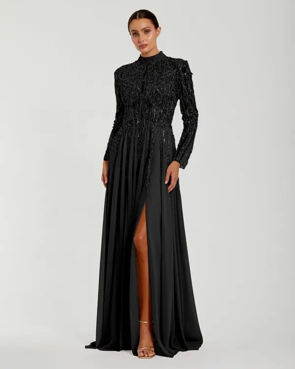 Mac Duggal Embellished Long Sleeve Gown With Slit - Black