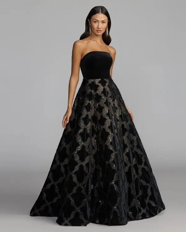 MAC DUGGAL COLLECTION Strapless Velvet Bodice Embellished Ball Gown