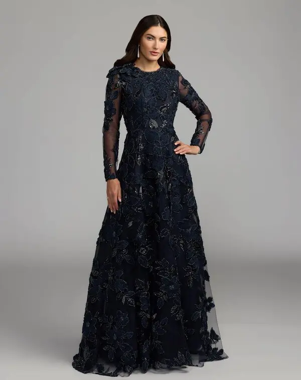 Mac Duggal Navy Floral Embellished Long Sleeve Gown - Midnight