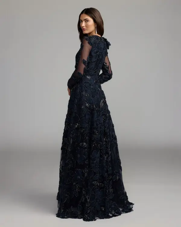 Mac Duggal Navy Floral Embellished Long Sleeve Gown