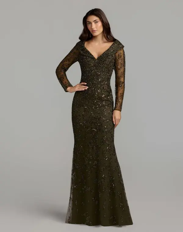 Mac Duggal Green Portrait Collar Long Sleeve Embellished Gown - Olive
