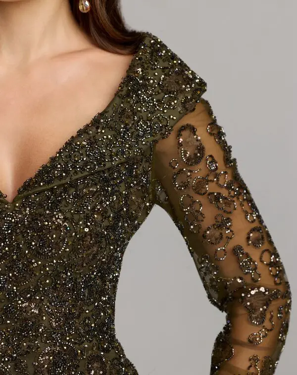 Mac Duggal Green Portrait Collar Long Sleeve Embellished Gown