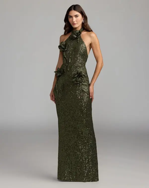 Mac Duggal Green Halter Neck Sequin 3d Flower Column Gown - Olive