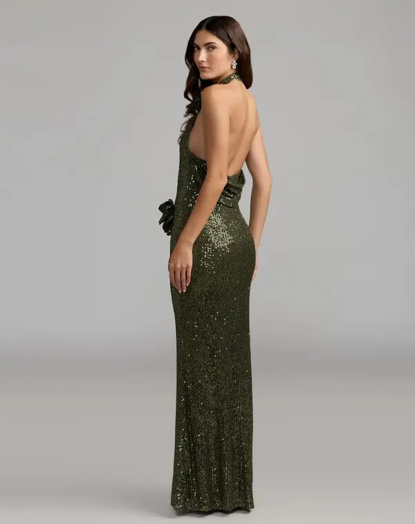 Mac Duggal Green Halter Neck Sequin 3d Flower Column Gown
