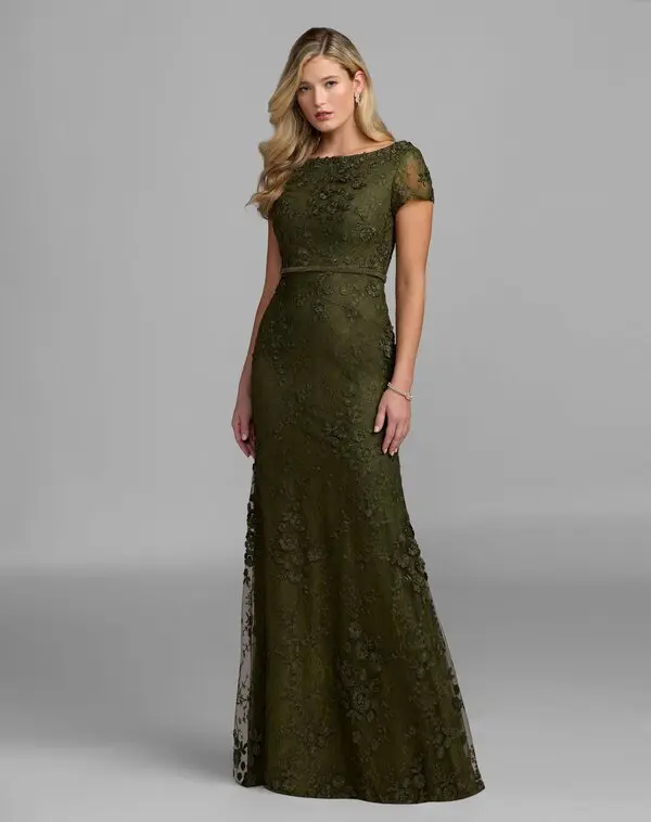 Mac Duggal Floral Applique Boat Neck Cap Sleeve Gown - Green