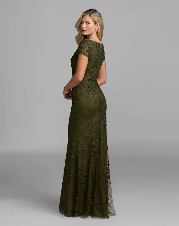 Mac Duggal Floral Applique Boat Neck Cap Sleeve Gown - Green
