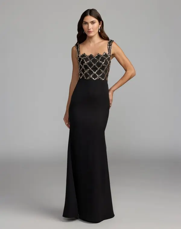 Mac Duggal Black Embellished Square Neck Column Gown