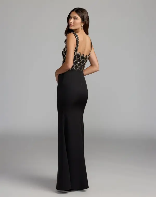 Mac Duggal Black Embellished Square Neck Column Gown