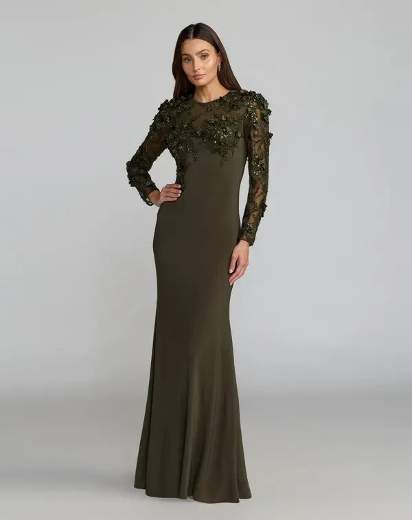 Mac Duggal Long Sleeve Floral Embellished Column Gown - Green