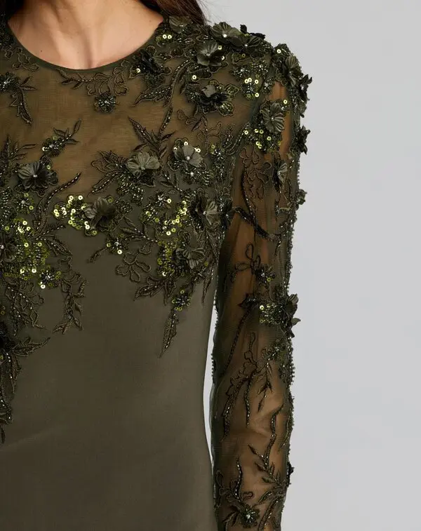 Mac Duggal Long Sleeve Floral Embellished Column Gown