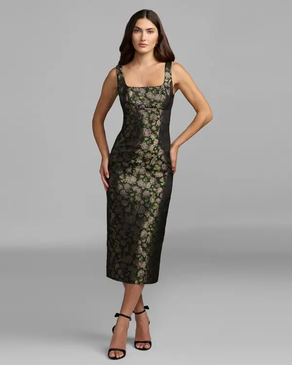 Mac Duggal Black Floral Brocade Midi Dress - Black Multi