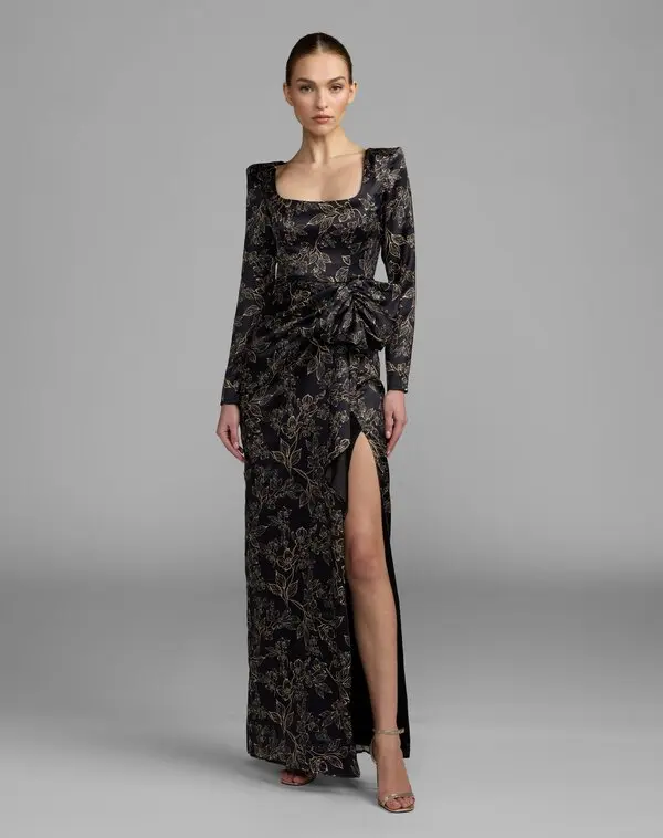 Mac Duggal Black Floral Printed Long Sleeve Gown With Bow - Black Multi