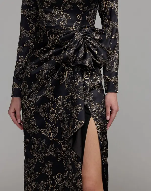 Mac Duggal Black Floral Printed Long Sleeve Gown With Bow