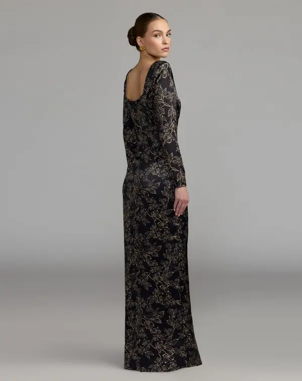 Mac Duggal Black Floral Printed Long Sleeve Gown With Bow
