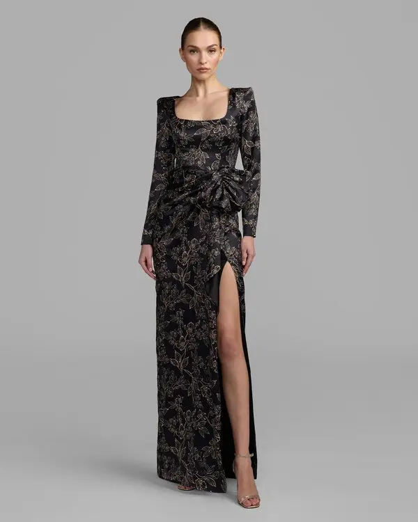 Mac Duggal Floral Printed Long Sleeve Gown With Bow