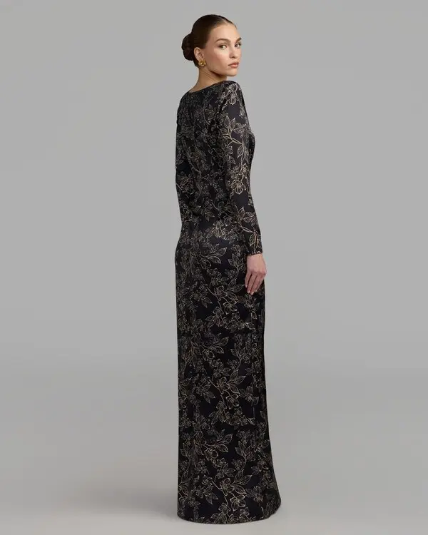 Mac Duggal Floral Printed Long Sleeve Gown With Bow