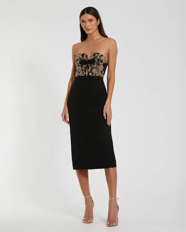 Mac Duggal Rhinestone Embellished Strapless Midi Dress - Black