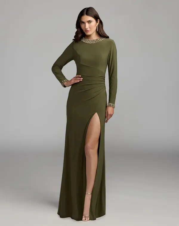 Mac Duggal Green Embellished Long Sleeve Gown With Slit - Olive