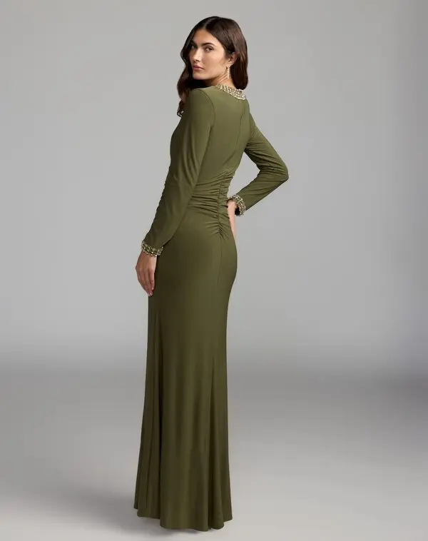 Mac Duggal Green Embellished Long Sleeve Gown With Slit