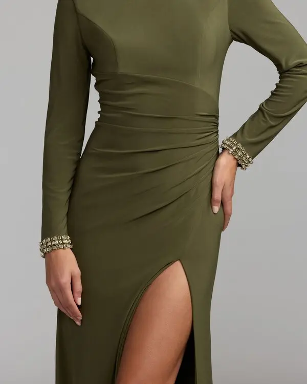 Mac Duggal Green Embellished Long Sleeve Gown With Slit