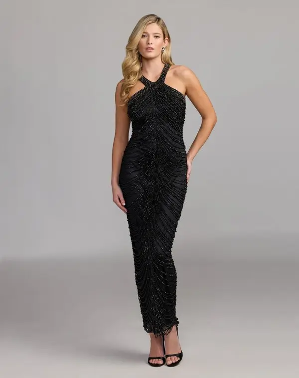 Mac Duggal Halter Neck Embellished Maxi Dress