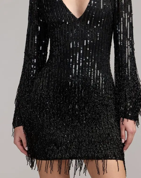 Mac Duggal Long Sleeve V-neck Beaded Fringe Mini Dress