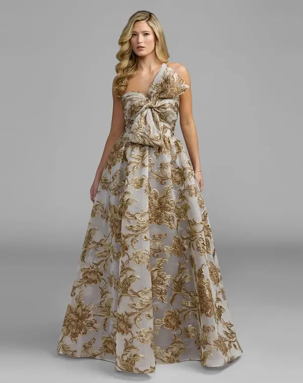 Mac Duggal Gold Floral Strapless Brocade Ball Gown With Bow