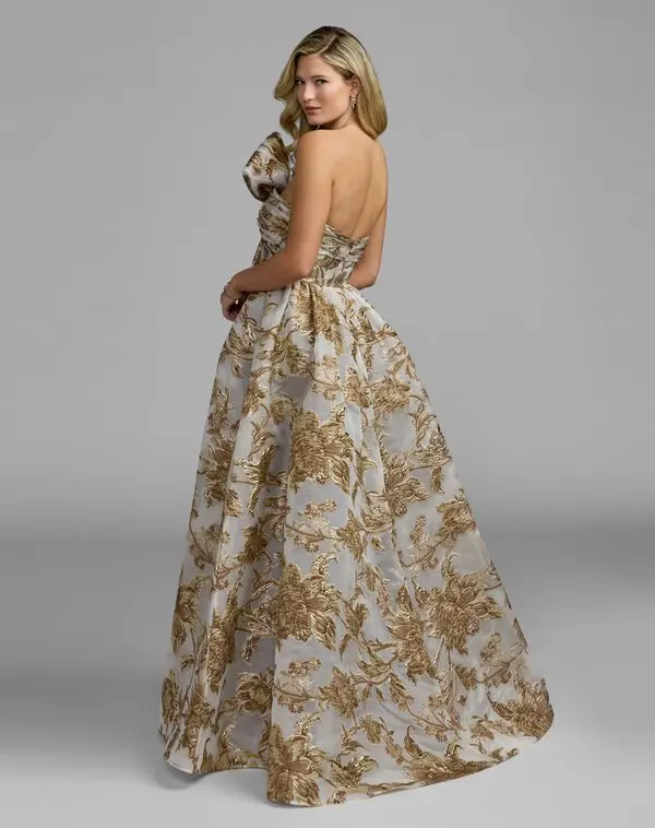 Mac Duggal Gold Floral Strapless Brocade Ball Gown With Bow