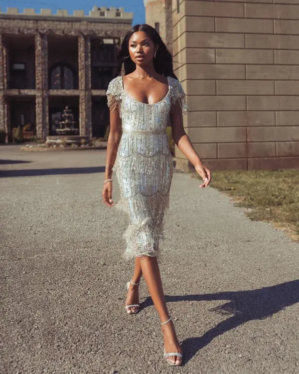 Mac Duggal Beaded Fringe Midi Dress