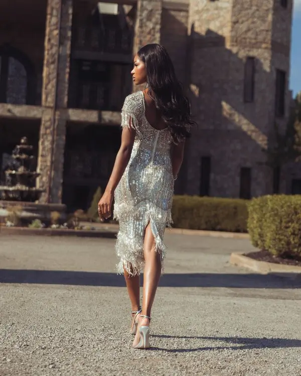 Mac Duggal Beaded Fringe Midi Dress