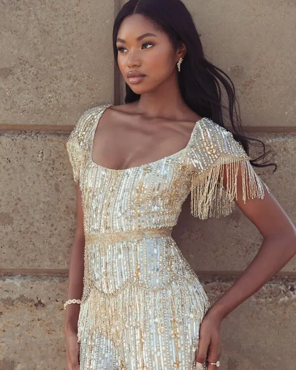 Mac Duggal Beaded Fringe Midi Dress