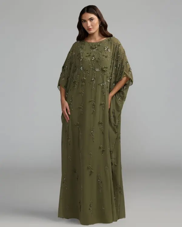 Mac Duggal Olive Floral Embellished Kaftan Gown