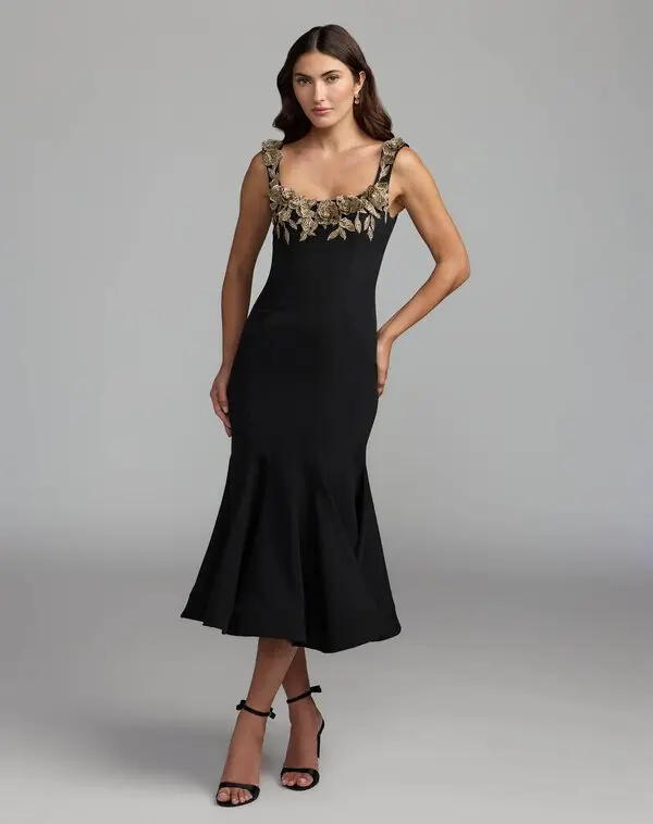 Mac Duggal 3d Floral Trumpet Midi Dress - Black