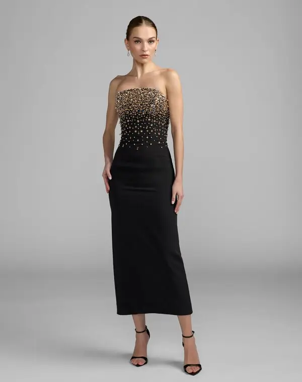 Mac Duggal Beaded Strapless Crepe Midi Dress