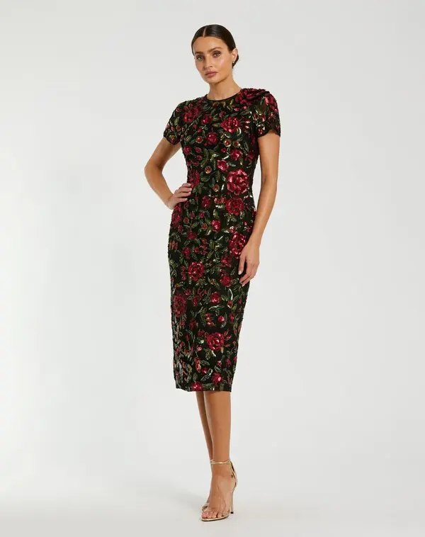 Mac Duggal Black High Neck Floral Embellished Midi Dress