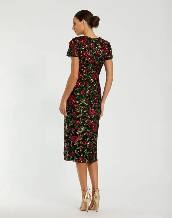 Mac Duggal Black High Neck Floral Embellished Midi Dress