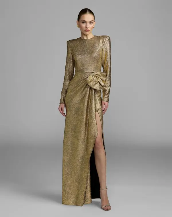 Mac Duggal Metallic Long Sleeve Structured Bow Draped Gown - Gold