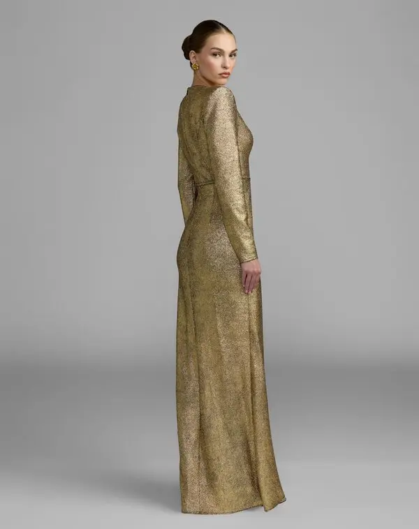 Mac Duggal Metallic Long Sleeve Structured Bow Draped Gown