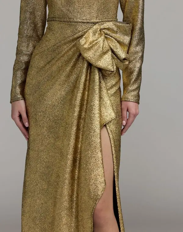 Mac Duggal Metallic Long Sleeve Structured Bow Draped Gown