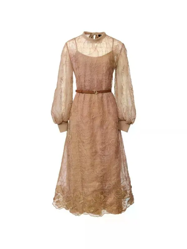 Fabiana Filippi Belted Lace-overlay Midi Dress - Neutrals