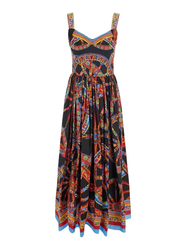 Dolce & Gabbana Long Dress With Integrated Cup Bodice And All-over Majolica Print In Cotton For - Multicolor